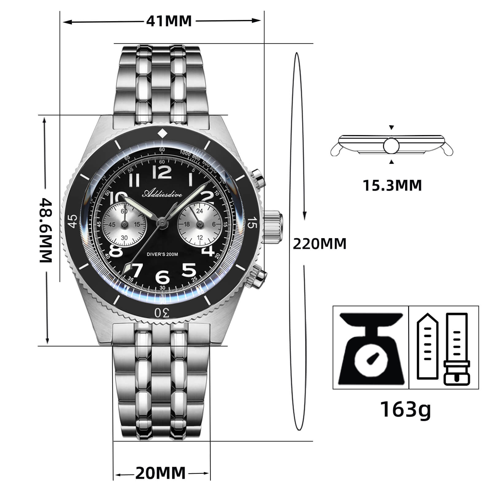 ADDIESDIVE 41mm Stainless Steel Quartz Chronograph Watch VK64（AD2034 ...